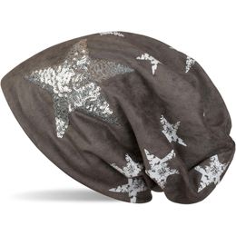 Beanie styleBREAKER "Beanie in Veloursleder Optik mit Pailletten Stern", Damen, grau (dunkelgrau), 100% Viskose CV., Modisch, M&uuml;tzen Beanie