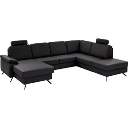 Wohnlandschaft DIE PLANBAR "PN-EM15047 U-Form, mit Kopfst&uuml;tzen", schwarz, B:309cm H:104cm T:235cm, Sofas, Wohnlandschaft, Echtleder, wahlweise mit Bettfunktion u. Stauraum