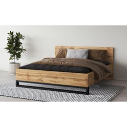 Bettgestell Home Affaire "Bronne, TOPESELLER Industrial Design", braun (wotan eiche, wotan eiche, schwarz), B:188cm H:93,5cm L:208,5cm, Betten, Bettgestell, mit Kufen in Metalloptik, FSC-zertifiziert, Made in EU, Topseller