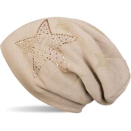 Strickm&uuml;tze styleBREAKER "Feinstrick Beanie mit Strass Stern", Damen, beige, 100% Viskose CV., Modisch, M&uuml;tzen Strickm&uuml;tze