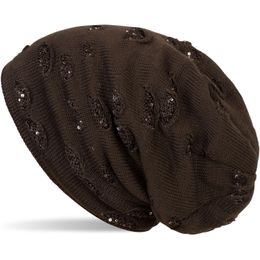 Strickm&uuml;tze styleBREAKER "Feinstrick Beanie mit Pailletten im Destroyed Look", Damen, braun (dunkelbraun), 100% Polyacryl PAN., Modisch, M&uuml;tzen Strickm&uuml;tze