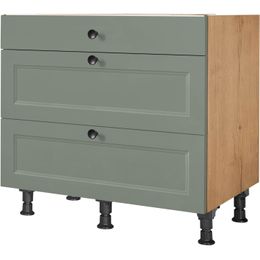 Unterschrank Nobilia "Cascada", vormontiert, mit h&ouml;henverstellbaren Sockelf&uuml;&szlig;en, in den", gr&uuml;n (front: lacklaminat schilf, korpus: eiche sierra nachbildung), B:90cm H:87cm T:58,3cm, Schr&auml;nke, Unterschrank, Breiten 30, 45, 60 und 90 cm, mit Schubkasten und Ausz&uuml;gen