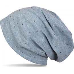 Beanie styleBREAKER "Beanie mit Strass Nieten Applikation", Herren, blau (blau meliert, used look), Obermaterial: 65% Baumwolle CO. 35% Polyester PES., Modisch, M&uuml;tzen Beanie