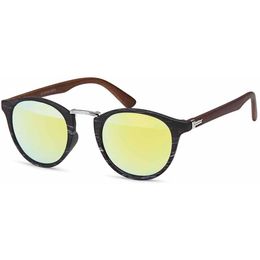 Sonnenbrille styleBREAKER "Panto Sonnenbrille Holzoptik Runde Retro Brille UV400", Damen, gelb (gestell schwarz, silber, glas gelb verspiegelt), Modisch, Sonnenbrillen Sonnenbrille
