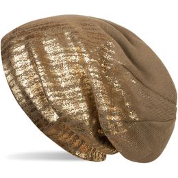 Strickm&uuml;tze styleBREAKER "Feinstrick Beanie mit Metallic Print", Damen, braun (braun, gold), 100% Polyacryl PAN., Modisch, M&uuml;tzen Strickm&uuml;tze