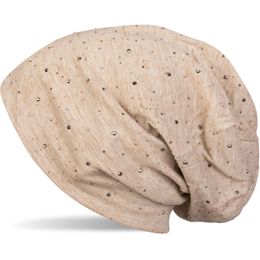 Beanie styleBREAKER "Beanie mit Strass Nieten Applikation", Herren, beige (beige meliert), Obermaterial: 65% Baumwolle CO. 35% Polyester PES., Modisch, M&uuml;tzen Beanie