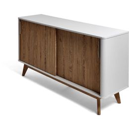 Sideboard Jahnke "WAVE SBS 145", wei&szlig; (montana eiche, wei&szlig;), B:148cm H:76cm T:39,8cm, Holzwerkstoff, Sideboards, Sideboard, Retro-Stil, mit 2 Schiebet&uuml;ren, ca. 148 cm
