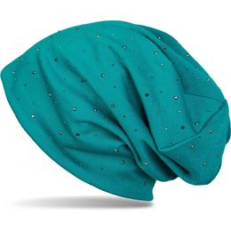 Beanie styleBREAKER "Beanie mit Strass Nieten Applikation", Herren, blau (petrol), Obermaterial: 65% Baumwolle CO. 35% Polyester PES., Modisch, M&uuml;tzen Beanie