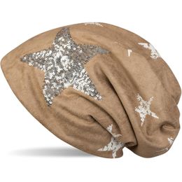 Beanie styleBREAKER "Beanie in Veloursleder Optik mit Pailletten Stern", Damen, braun, 100% Viskose CV., Modisch, M&uuml;tzen Beanie