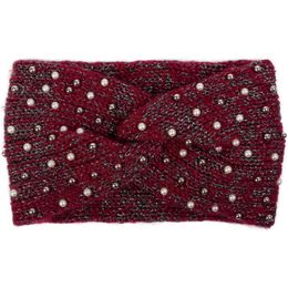Stirnband styleBREAKER "Strick Stirnband Perlen Metallic Faden und Knoten Detail", Damen, rot (bordeaux, rot, schwarz), Obermaterial: 100% Polyacryl PAN., Modisch, M&uuml;tzen Stirnband