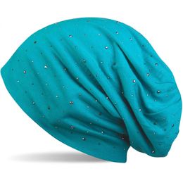Beanie styleBREAKER "Beanie mit Strass Nieten Applikation", Herren, blau (t&uuml;rkis), Obermaterial: 65% Baumwolle CO. 35% Polyester PES., Modisch, M&uuml;tzen Beanie