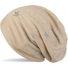 Beanie styleBREAKER "Beanie mit Strass Sterne", Damen, beige, Obermaterial: 100% Viskose CV., Modisch, M&uuml;tzen Beanie