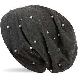 Beanie styleBREAKER "Beanie mit Perlen und Strass Nieten", Damen, grau (dunkelgrau meliert), Obermaterial: 100% Viskose CV., Modisch, M&uuml;tzen Beanie