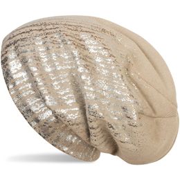 Strickm&uuml;tze styleBREAKER "Feinstrick Beanie mit Metallic Print", Damen, beige (beige, silber), 100% Polyacryl PAN., Modisch, M&uuml;tzen Strickm&uuml;tze