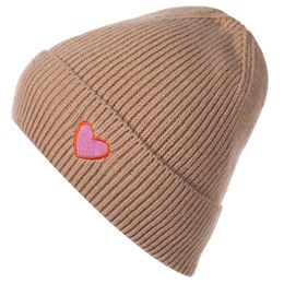 Strickm&uuml;tze styleBREAKER "Strick Beanie mit Herz Stickerei", Damen, braun (camel), Obermaterial: 22% Nylon NY. 48% Polyacryl PAN. 30% Polyester PES., Modisch, M&uuml;tzen Strickm&uuml;tze