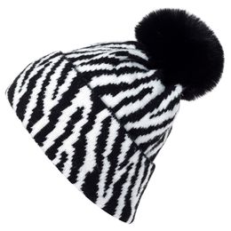 Bommelm&uuml;tze styleBREAKER "Strick Bommelm&uuml;tze mit Zebra Muster", Damen, schwarz (schwarz, wei&szlig;), Obermaterial: 100% Viskose CV., Modisch, M&uuml;tzen