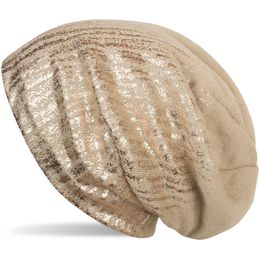 Strickm&uuml;tze styleBREAKER "Feinstrick Beanie mit Metallic Print", Damen, beige (beige, rosegold), 100% Polyacryl PAN., Modisch, M&uuml;tzen Strickm&uuml;tze