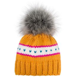 Strickm&uuml;tze styleBREAKER "Kinder Strick Bommelm&uuml;tze Herzmuster", Jungen, gelb (curry), Modisch, M&uuml;tzen Strickm&uuml;tze
