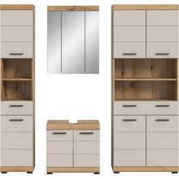 Badm&ouml;bel-Set Welltime "SIENA, 4 teilig, bestehend aus:", evoke oak nachbildung, kaschmir matt, B:186cm H:191cm T:34cm, Holzwerkstoff, MDF, Kastenm&ouml;bel-Sets, Badm&ouml;bel-Set, Hochschrank schmal, WBU, Spiegelschrank, Hochschrank breit
