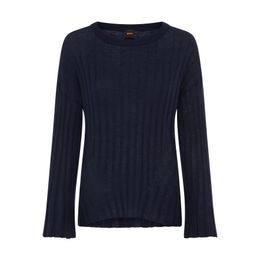 Rundhalspullover BOSS Orange "Fisurina Premium Damenmode", Damen, Gr. L, dunkelblau 408, Strick, Obermaterial: 56% Schurwolle, 44% Polyamid, unifarben, h&uuml;ftlang, Rundhals, gerader Abschluss, Pullover Rundhalspullover, aus Woll-Mix in Rippstruktur