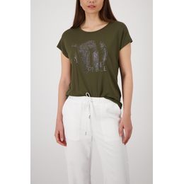 T-Shirt monari "Shirt Schmuck", Damen, Gr. 34, olive, Web, Obermaterial: 45% Modal, 45% Viskose, 10% Elasthan, unifarben, regular fit taillenbedeckt, Rundhals, angeschnitten gerader Abschluss, Shirts T-Shirt, Regular fit mit Strasssteinen