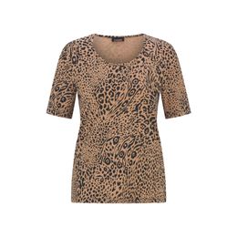 Kurzarmshirt GOLDNER "Kurzgr&ouml;&szlig;e Jersey-Shirt mit Leo Print", Damen, Gr. 19, schwarz (caramel, schwarz, gemustert), Obermaterial: 95% Viskose CV. 5% Elasthan EL., Modisch, Gerade, Shirts, stretchbequemer Viskosejersey