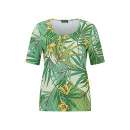 Kurzarmshirt GOLDNER "Wohlf&uuml;hlshirt mit tropischem Dessin", Damen, Gr. 38, gr&uuml;n (gr&uuml;n, gelb, gemustert), Obermaterial: 95% Polyester PES. 5% Elasthan EL., Modisch, Gerade, Shirts, stretchbequemer Viskosejersey