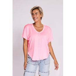 Kurzarmshirt Zhrill "RYA", Damen, Gr. M, pink, Single Jersey, Obermaterial: 100% Baumwolle, unifarben, normal h&uuml;ftbedeckend, V-Ausschnitt, leicht ausgefranste Kante, Shirts, Sommershirt mit V-Ausschnitt und ausgefransten Kanten