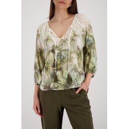 Schlupfbluse monari "Bluse Tropical Allover", Damen, Gr. 40, olive gem, Web, Obermaterial: 100% Viskose, gemustert, regular fit taillenbedeckt, Rundhals, Raglan&auml;rmel angesetztes B&uuml;ndchen, Blusen Schlupfbluse, Regular fit mit tropischem Print