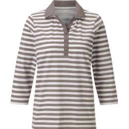 CR&Eacute;ATION L Damen Poloshirt mit kurzer Knopfleiste dunkeltaupe-wei&szlig;-geringelt Gr&ouml;&szlig;e 36
