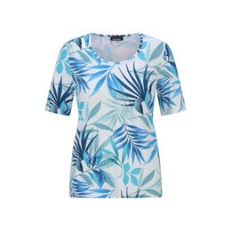 Kurzarmshirt GOLDNER "Kurzgr&ouml;&szlig;e Viskoseshirt mit sommerlichem Bl&auml;tterprint", Damen, Gr. 19, blau (blau, gemustert), Obermaterial: 95% Viskose CV. 5% Elasthan EL., Modisch, Gerade, Shirts, stretchbequemer Viskosejersey