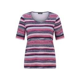 Kurzarmshirt GOLDNER "Kurzgr&ouml;&szlig;e Baumwollshirt mit k&uuml;nstlerischem Streifendessin", Damen, Gr. 19, lila (beere, rauchblau, gemustert), Obermaterial: 50% Baumwolle CO. 50% Modal CMD., Modisch, Gerade, Shirts, stretchbequemer Viskosejersey