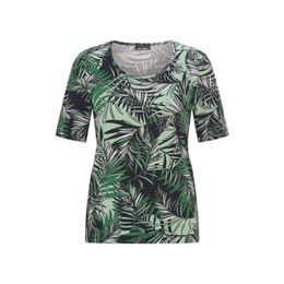 Kurzarmshirt GOLDNER "Kurzgr&ouml;&szlig;e Viskoseshirt mit Palmenprint", Damen, Gr. 20, gr&uuml;n (dunkelgr&uuml;n, gemustert), Obermaterial: 95% Viskose CV. 5% Elasthan EL., Modisch, Gerade, Shirts, stretchbequemer Viskosejersey