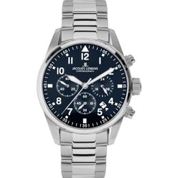 Chronograph Jacques Lemans "Barcelona", silber (silberfarben, dunkelblau), Armbanduhren, Herren, Chronograph, Quarzuhr, Armbanduhr, Herrenuhr, Edelstahlarmband,bis 10 bar wasserd.
