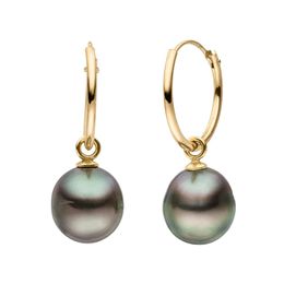 Paar Creolen Firetti "Schmuck Geschenk Gold 375 Ohrschmuck Creole", schwarz (gelbgoldfarben, schwarz), Ohrringe, Damen, 9mm, Gelbgold 375 Perlen, Gelbgold 375, Perlen, Made in Germany - mit Tahitizuchtperle - Einh&auml;nger abnehmbar