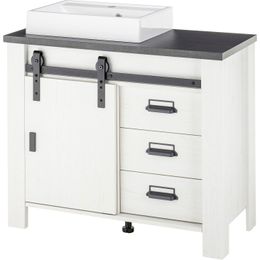 Waschtisch Home Affaire "SHERWOOD, Waschbeckenunterschrank inkl. Waschbecken", wei&szlig; (pinie wei&szlig; dekor), B:95cm H:91cm T:43cm, Waschtische, Waschtisch, in 2 Farben verf&uuml;gbar, Scheunentorbeschlag & Apothekergriff aus Metall