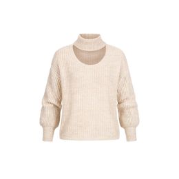 Rundhalspullover CLOUD 5IVE "CLOUD 5IVE Pullover mit Stehrollkragen und V-Ausschnitt", Damen, Gr. L, beige, 100% Polyacryl, unifarben, normal, Pullover Rundhalspullover