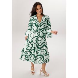 Midikleid ANISTON PLUS, Damen, Gr. 44, N-Gr, gr&uuml;n, wei&szlig;, Web, Obermaterial: 85% Viskose, 15% Polyamid, l&auml;ssig geschnitten wadenlang, V-Ausschnitt, Volant, Kleider Midikleid, mit Volant