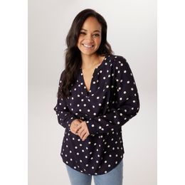 Schlupfbluse ANISTON PLUS, Damen, Gr. 44, marine, wollwei&szlig;, Web, Obermaterial: 100% Viskose, bedruckt, gemustert, gepunktet, figurumspielend Po-bedeckend, Rundhals, Krempel&auml;rmel 1-Knopf-Manschette, Blusen Schlupfbluse, in trendigem P&uuml;nktchendessin