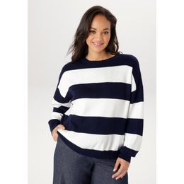 Strickpullover ANISTON PLUS, Damen, Gr. 44, blau (marine, wei&szlig;), Feinstrick, Obermaterial: 50% Viskose, 28% Polyester, 22% Polyamid, gestreift, figurumspielend Po-bedeckend, Rundhals, B&uuml;ndchen, Pullover Strickpullover, im Streifen-Dessin
