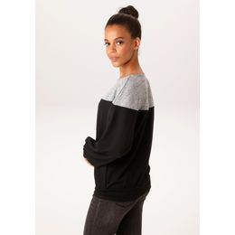 Sweatshirt Aniston CASUAL, Damen, Gr. 42, schwarz, hellgraumeliert, Feinstrick, Obermaterial: 95% Polyester, 5% Elasthan, unifarben mit Farbeinsatz, oversize h&uuml;ftbedeckend, Rundhals, Fledermaus&auml;rmel Rippb&uuml;ndchen, Sweatshirts Sweatshirt, mit asymmetrischem Farbeinsatz