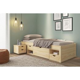 Mid.you Stauraumbett Interlink Claas 30400630, Natur, Holz, Kiefer, massiv, 3 Schublade(n) Schubladen, 90x200 cm, Bettkasten, Lattenrost, Schlafzimmer, Betten, Einzelbetten