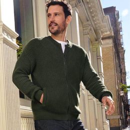 LANDS' END Gestrickter Bomber-Cardigan DRIFTER, Herren,  Blau, Baumwolle, by Lands' End