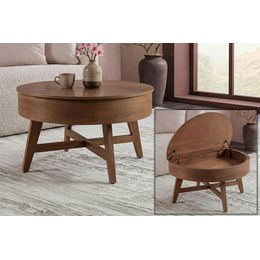 Riess Ambiente Massiver Couchtisch KYOTO 70cm braun Mangoholz im Walnuss-Design mit Stauraum Riess-Ambiente Sofatisch Wohnzimmertisch rund Asiatisch Natur Retro...