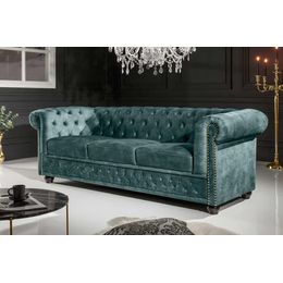Riess Ambiente Chesterfield 3-Sitzer Sofa 205cm petrol Samt Federkern Goldnieten Knopfheftung Riess-Ambiente Wohnzimmer