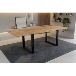 Esstisch Baumkante massiv Eiche 140(220)x80 Ansteckplatten U-Gestell schwarz SESSA