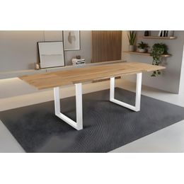 Esstisch Baumkante massiv Eiche 120(200)x80 Ansteckplatten U-Gestell wei&szlig; SESSA