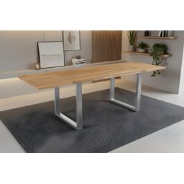 Esstisch Baumkante massiv Eiche 140(220)x80 Ansteckplatten U-Gestell silber SESSA