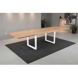 Esstisch Baumkante massiv Eiche 180(280)x90 Ansteckplatten U-Gestell wei&szlig; SESSA