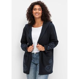 Shirtjacke sheego by Joe Browns "Sweatjacke", Damen, Gr. 52/54, blau (dunkelblau), 95% Baumwolle, 5% Elasthan, gemustert, mehrfarbig, Shirts Shirtjacke
